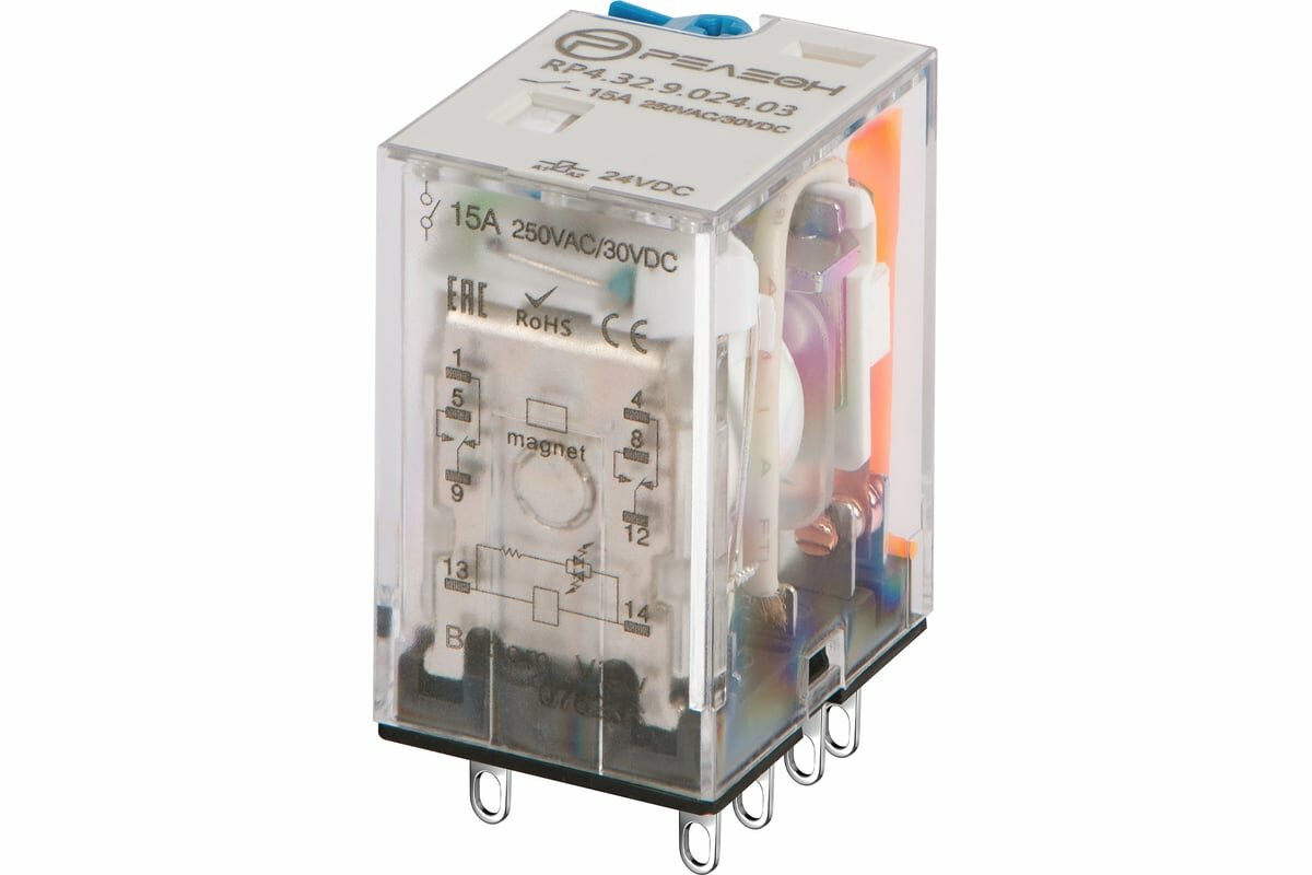 Релеон Промежуточное реле с магнитным гашением дуги, 2 переключающих контакта, 15 А, 24 В DC