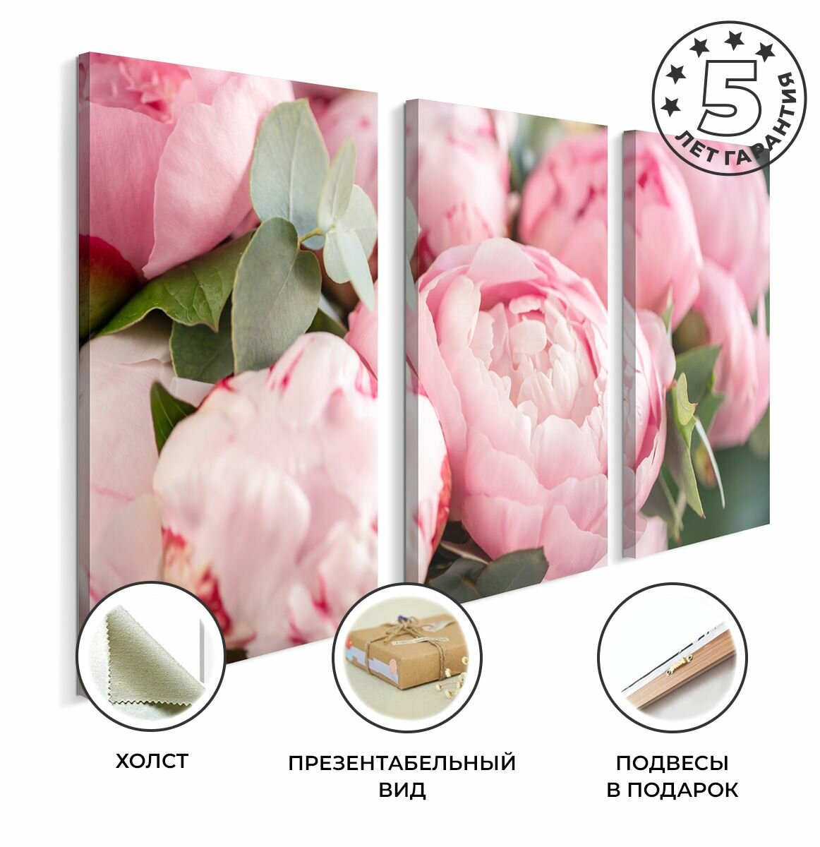 Большая модульная картина цветы для интерьера пионы (гарантия от выцветания!) в офис / гостиную / спальню, 102 х 57 см, MaskOff