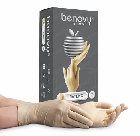 Перчатки латексные L (8-9), 100шт, 2 хлор, Benovy