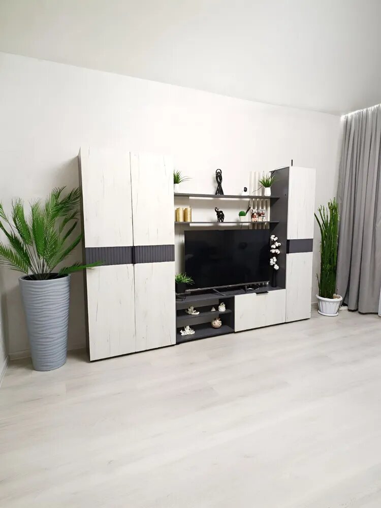 Стенка в гостиную "Роджина" (центр+шкаф+пенал) (Дуб крафт Белый/Графит Софт NEW, Графит) МИФ