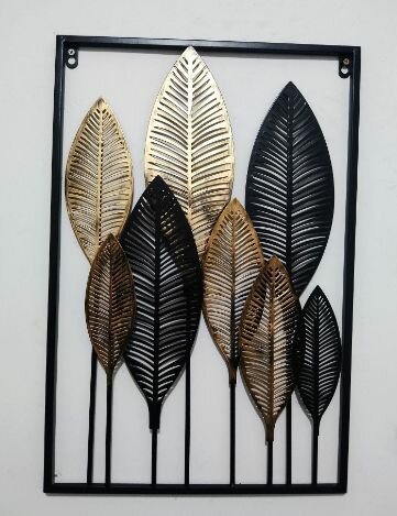 Декорация настенная интерьерная Листья, картина из металла, декор для дома из золота, чёрное панно на стену,