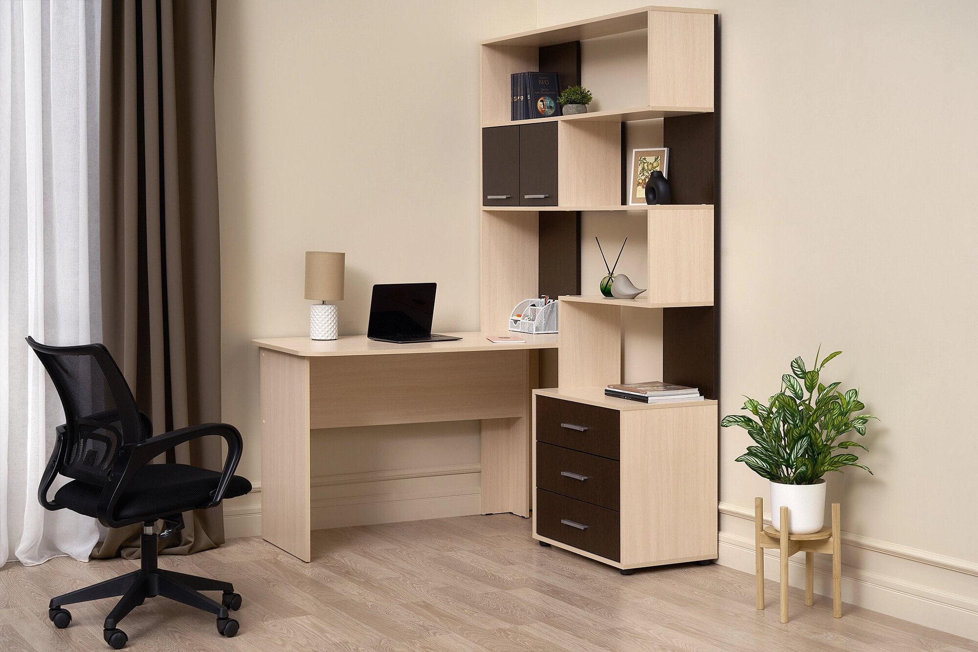 Письменный стол с полками Паскаль-3, дуб молочный/венге Д.1300 х В.1950 х Г.1300 мм, роликовые направляющие.