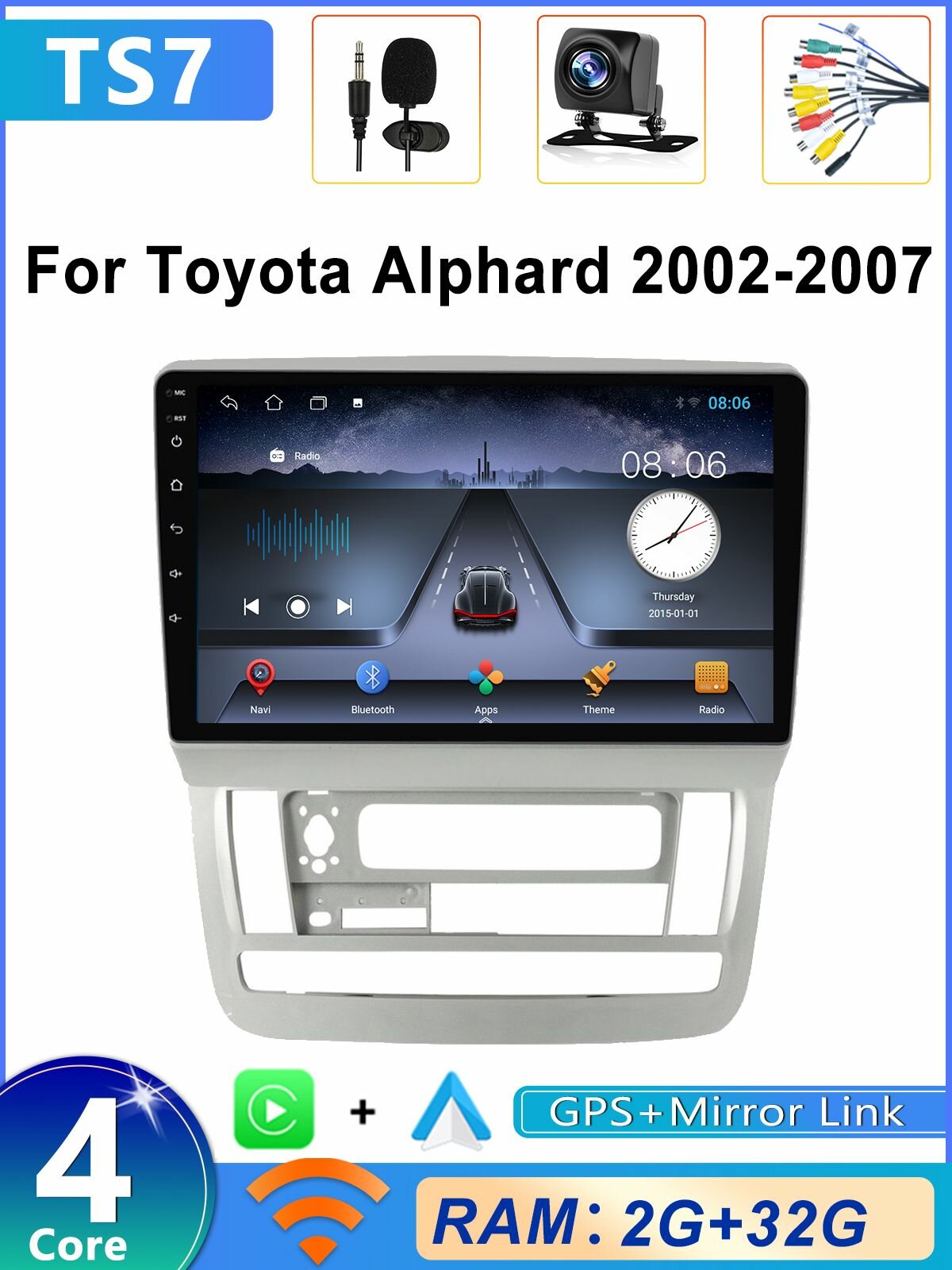 Автомагнитола для Toyota Alphard 2002-2007, Bluetooth Wi-Fi Сенсорные кнопки , Серебристый CARPLAY IPS