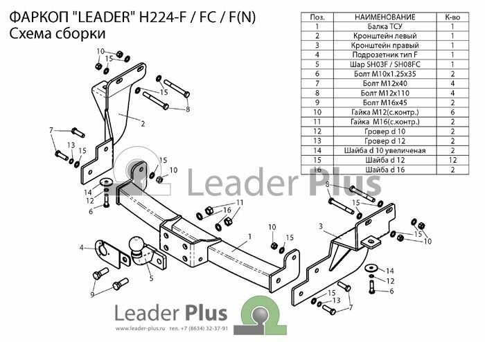 Фаркоп для Hyundai Santa Fe (2012-2018) / Kia Sorento (2012-2018) "Leader Plus" H224FC