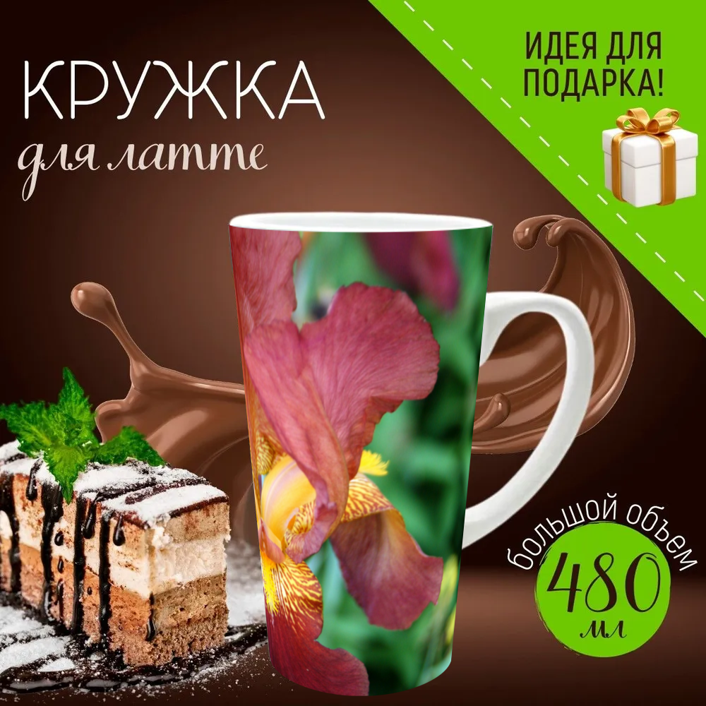 Кружка латте керамическая большая для чая и кофе с прикольным принтом "Фиолетовый Ирис Фиолетовый Ирис ирис цветок фиолетовый лиловый желтый" 500 мл.