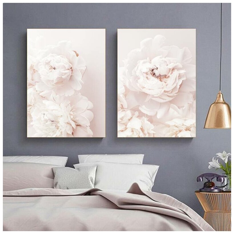 Комплект фотокартин (2шт по 40х60см) в спальню/гостиную/зал "Нежные пионы", арт холст на подрамнике, общий размер 60х80м
