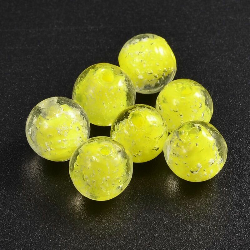 Бусина лэмпворк, 8мм, прозрачная с желтой сердцевиной и белыми крапинками, светящаяся в темноте, 10 шт.