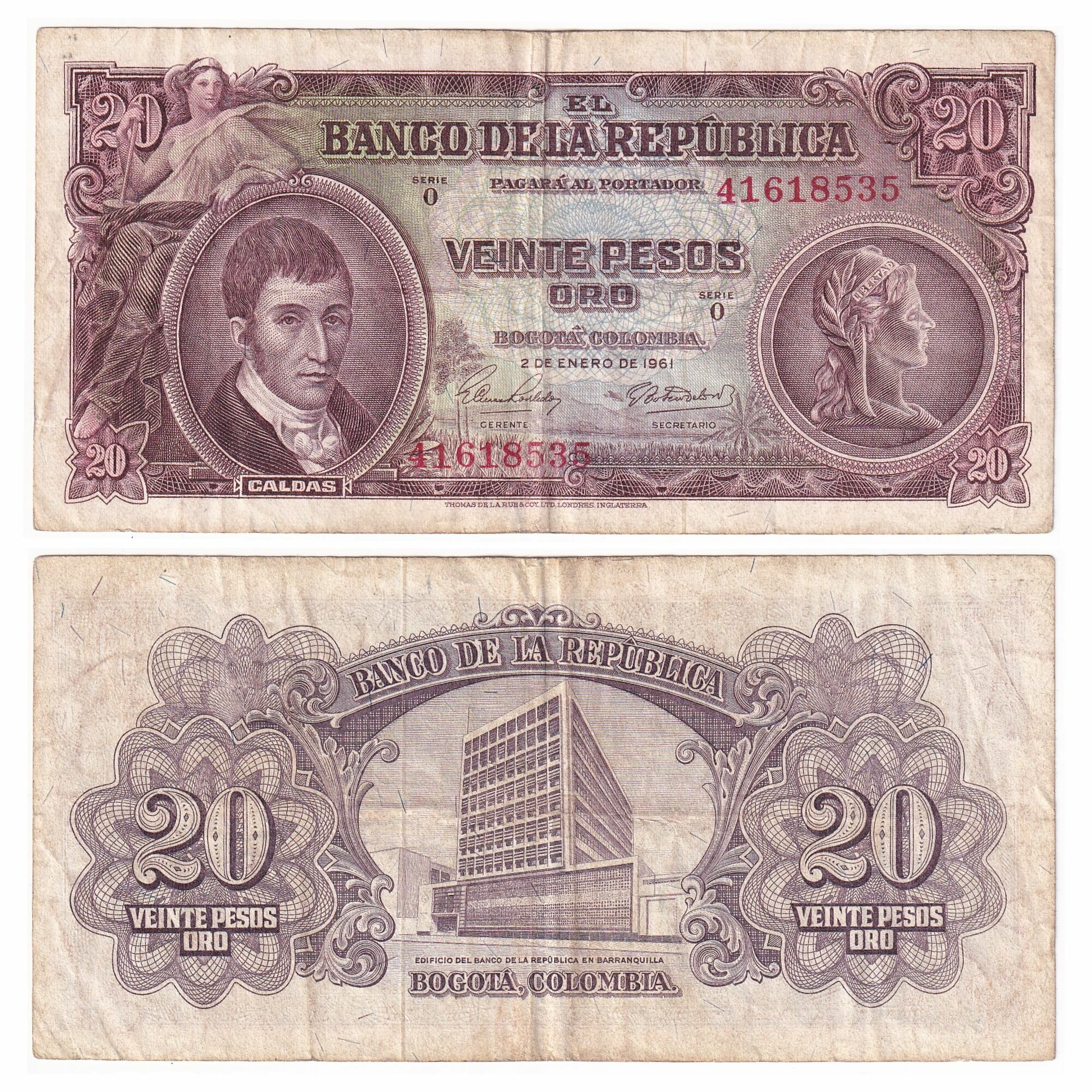 Банкнота Колумбия 20 песо 1961 год (F-VF) Pick 401с