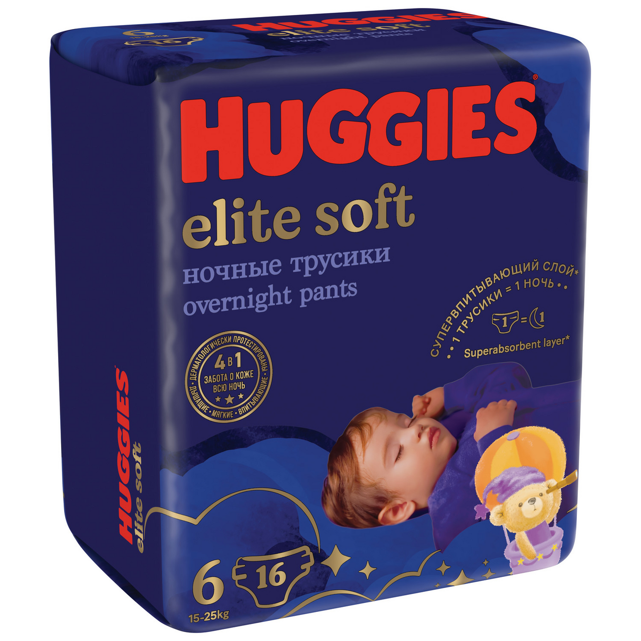 Подгузники-трусики детские HUGGIES Elite Soft 6 ночные 15–25кг, 16шт