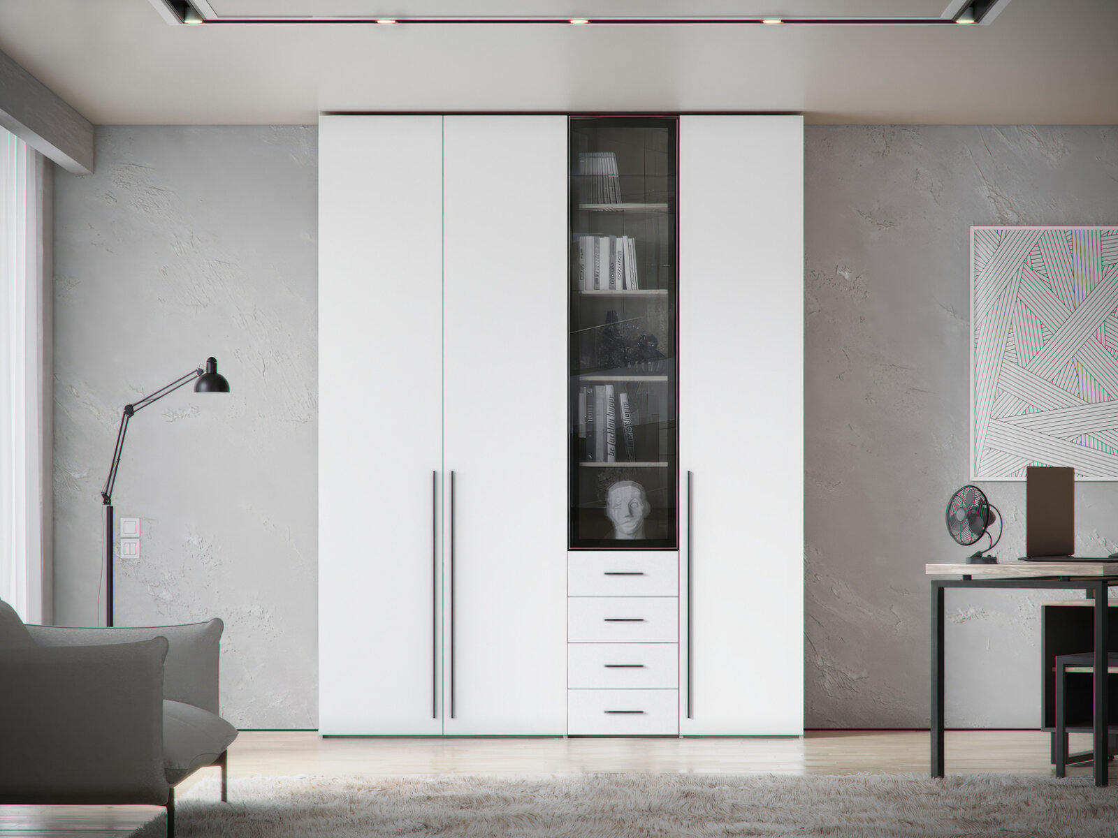 Распашной шкаф со стеллажом в алюминиевом профиле Гринвич Гранд 4х-В Фабрика Стиль, 180x240x50 см, Гикори Рокфор светлый