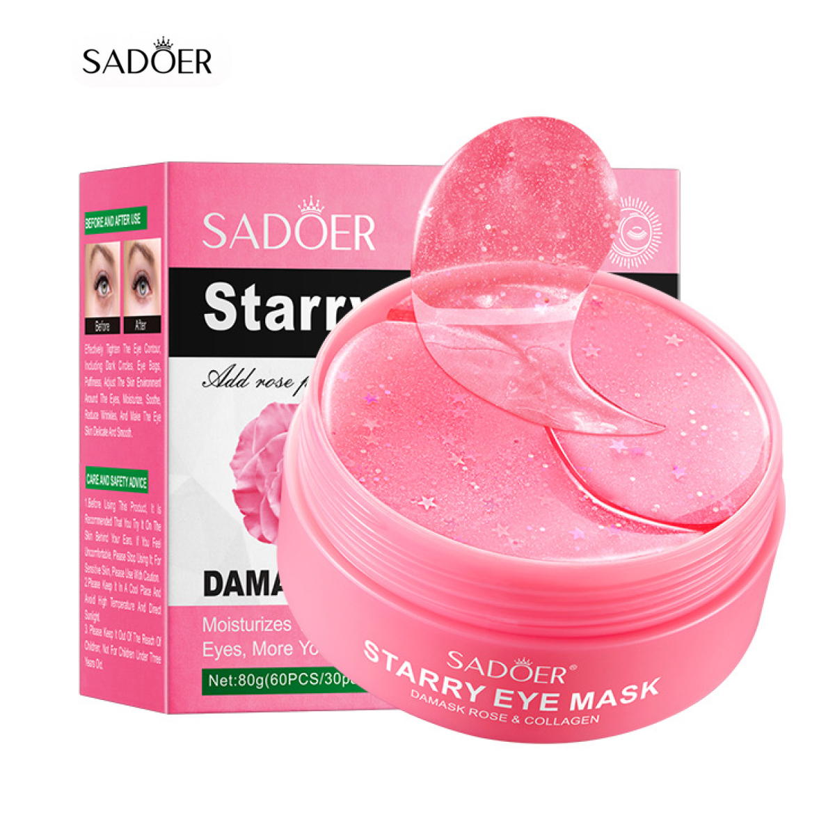 Гидрогелевые патчи для глаз Sadoer против темных кругов, с экстрактом розы и коллагеном, 60 шт .