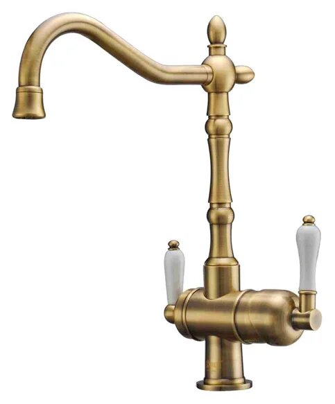 Смеситель для кухни Zorg Clean Water ZR 326 YF BR с краном для питьевой воды, с поворотным изливом, белый, бронзовый, глянцевый, однорычажный, с керамическим картриджем