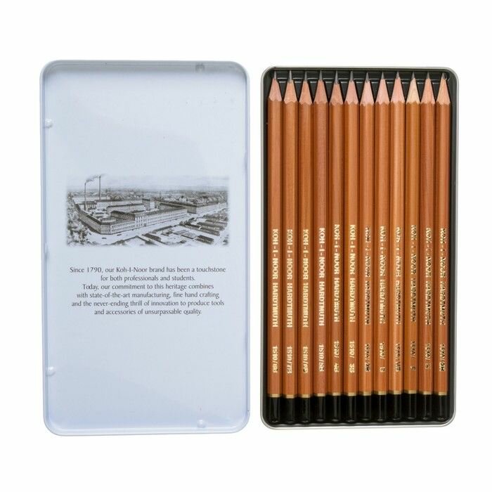 Набор карандашей чернографитных разной твердости 12 штук 8B-2H, в металлическом пенале