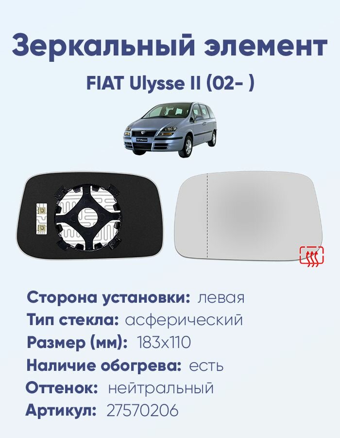Зеркальный элемент левый FIAT Ulysse II (02- ) асферика нейтральный с обогревом