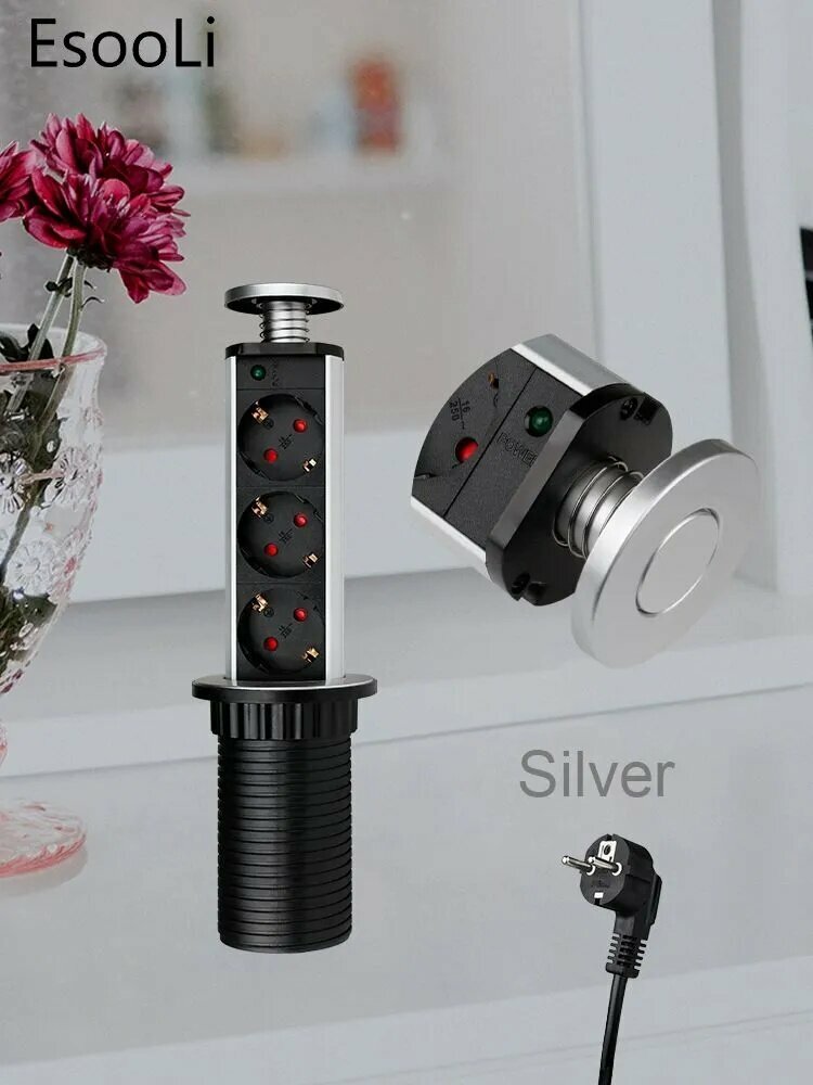 Встраиваемая выдвижная розетка для столешницы, шкафа (3 розетки, ) вертикальная Серый