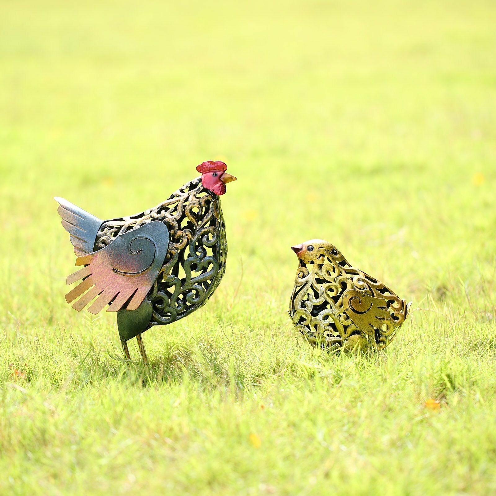 Металлическая скульптура курицы, садовый орнамент, красочная