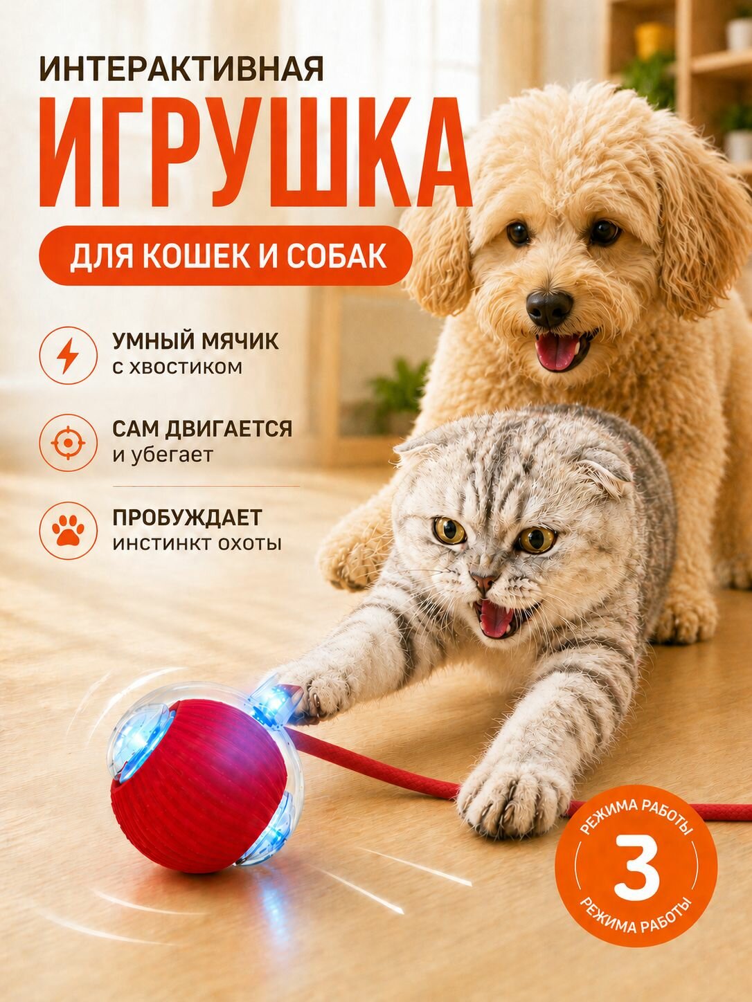 Игрушка для кошек интерактивная, умный мячик с хвостиком, дразнилка для котят