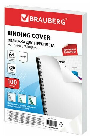 Обложки для переплета BRAUBERG, комплект 100 шт, глянцевые, А4, картон 250 г/м2, белые