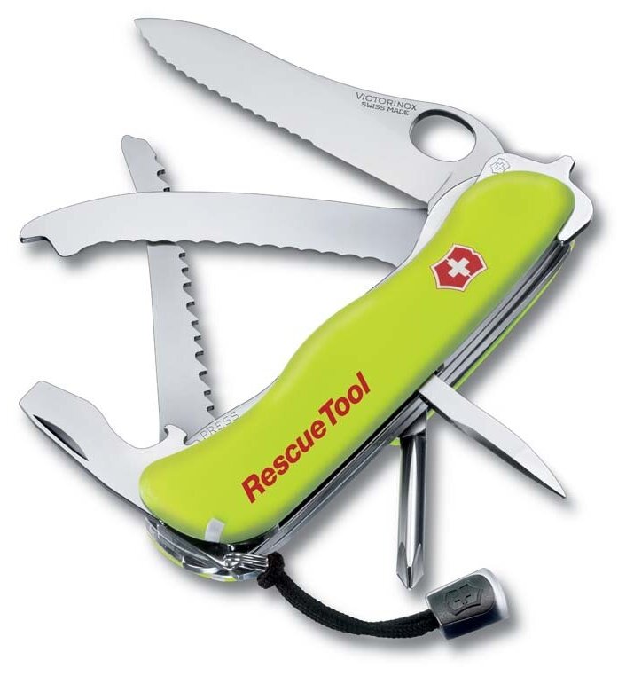 Нож перочинный VICTORINOX Rescue Tool, 111 мм, 14 функций, серейторное лезвие с петлёй, жёлтый, 0.8623. MWN