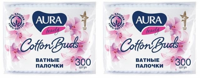 AURA Ватные палочки в полиэтиленовом пакете 300 шт - 2 шт.
