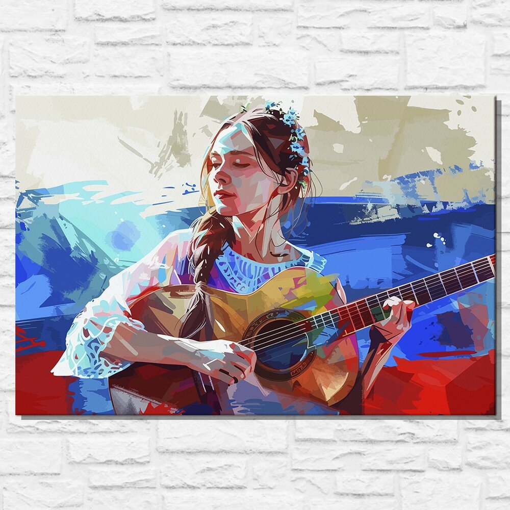 Картина по номерам на холсте девушка с гиатрой (флаг РФ, патриотизм, музыка) - 15632 Г 60x40