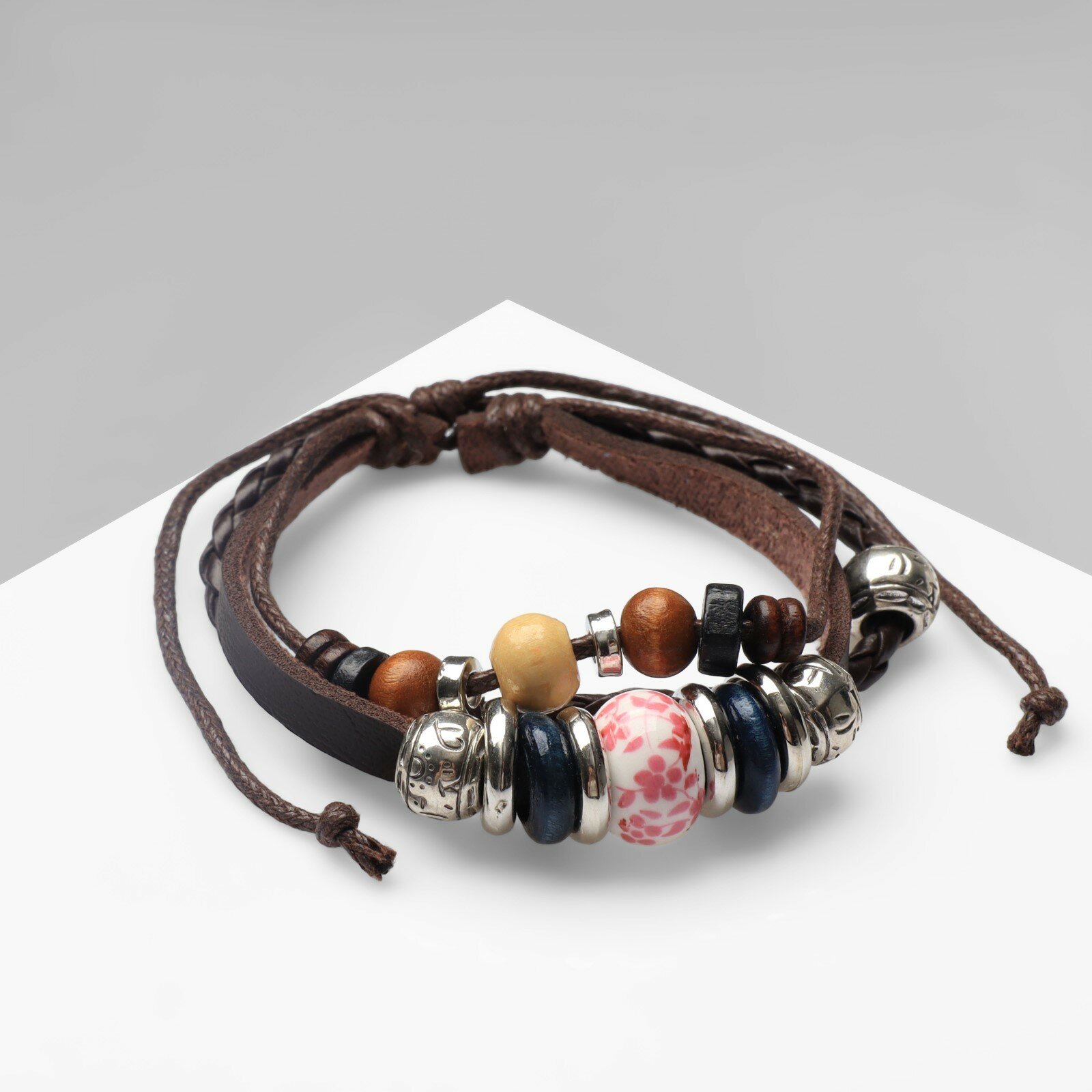 Плетеный браслет, кожа, текстиль