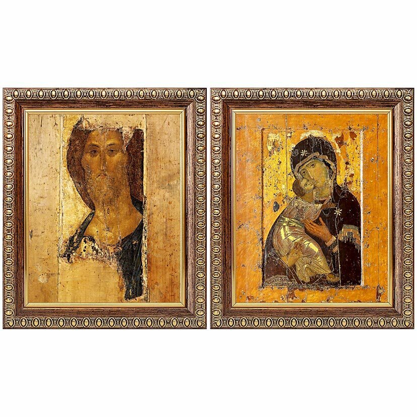 Венчальная пара "Спас Вседержитель (Андрей Рублев, 1410 г) - Владимирская икона Божией Матери (XII в)", две иконы в темных пластиковых рамках 12,5*14,5 см