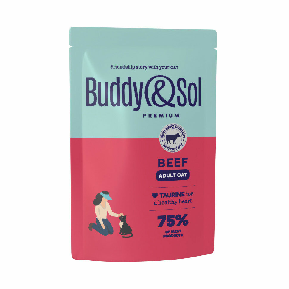 Buddy&Sol Premium Adult для взрослых кошек с телятиной в соусе, в паучах - 85 г х 14 шт