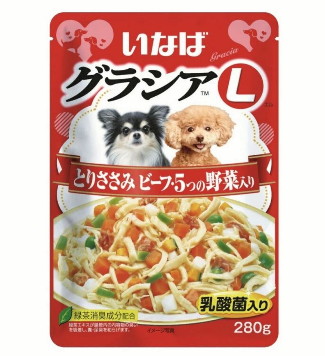 INABA / Инаба корм для собак мелких и средних пород влажный Gracia L Куриное филе с говядиной и 5 видами овощей в желе, пауч 280 гр