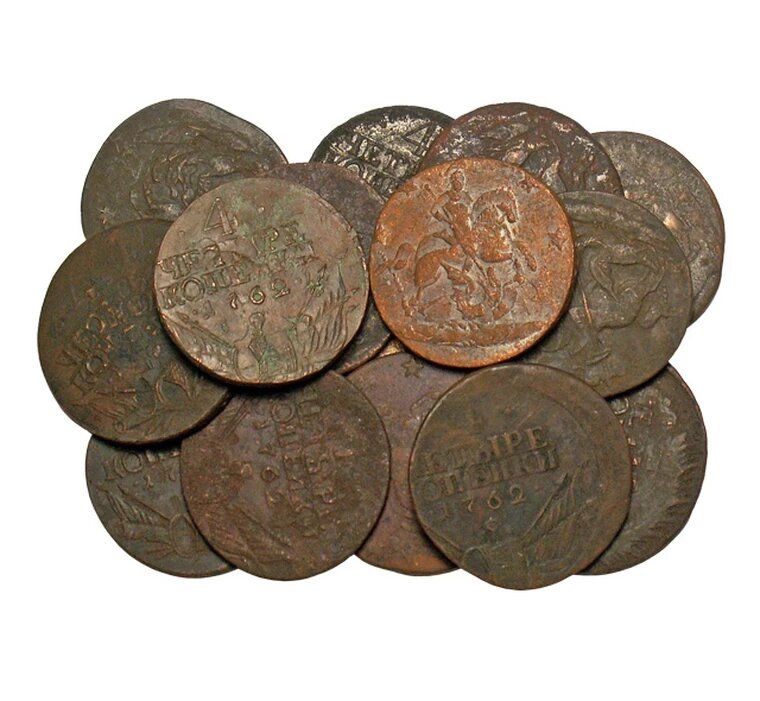 4 копейки 1762 Барабаны, перечекан на оригинале, медь 1 штука т/н сувенирная копия монеты, нумизматика, деньги для коллекции