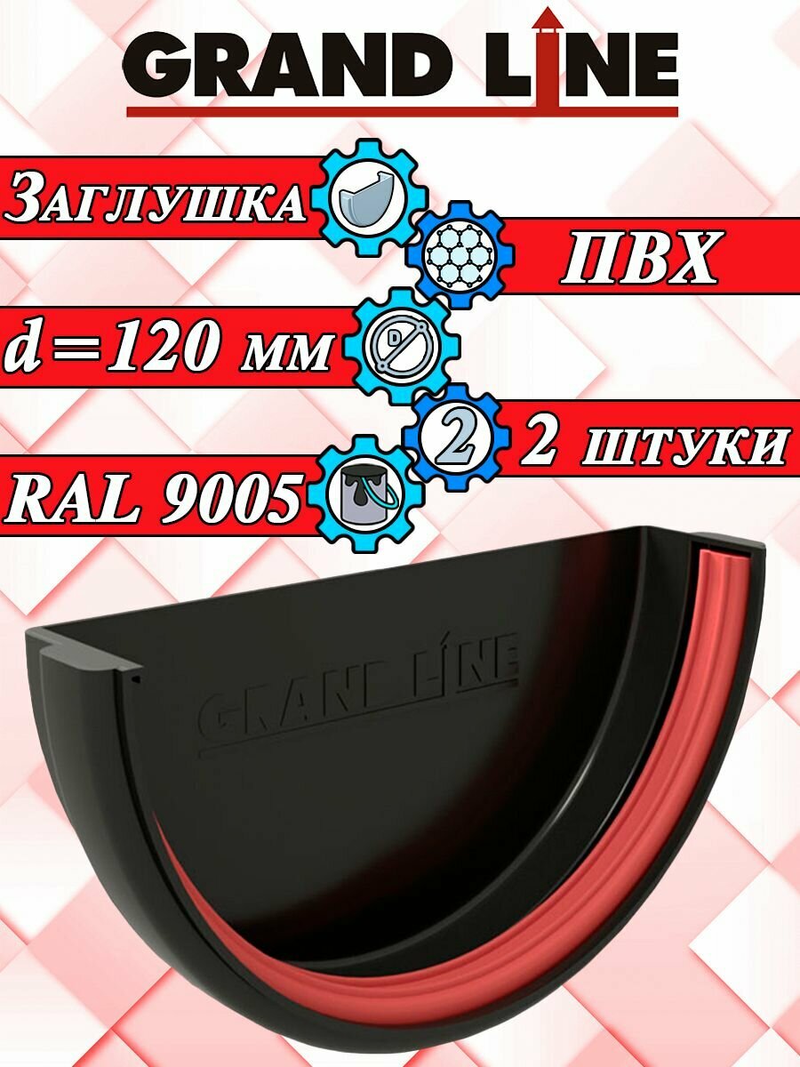 Заглушка желоба 2 штуки Grand Line ПВХ черный RAL 9005 (d 120 мм) для водосточной системы Гранд Лайн (120/90), комплект элементов водостока для крыши