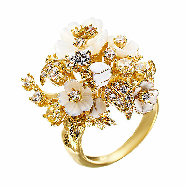 Кольцо, серебро, 925 проба, фианит, перламутр, эмаль