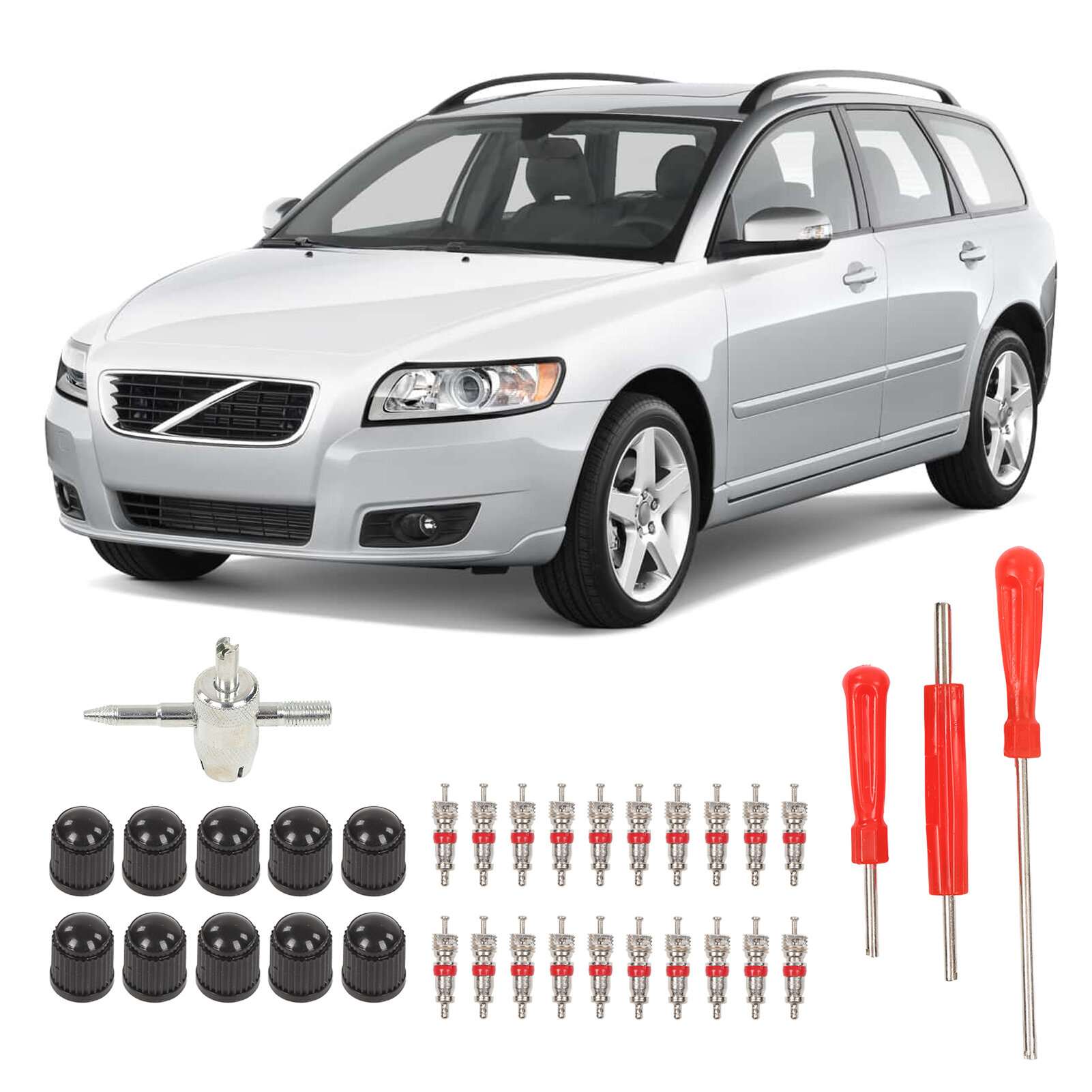 Набор инструментов для удаления и установки вентилей шин 34шт, универсальный, для РВ, велосипедов, автомобилей, 20 вентиляционных каркаса, 10 крышек вентилей, 2 односторонних извлекателя каркасов вентилей, 1 двусторонний извлекатель каркасов вентилей, 1