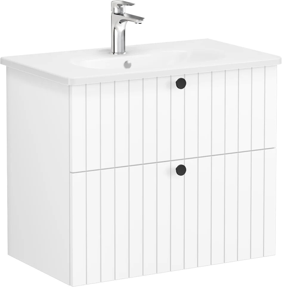 Тумба с раковиной VitrA Root Groove подвесная, 80, 5 см, белая, матовая, из МДФ, с ящиками, раковина для ванной фаянсовая, прямоугольная, с сифоном