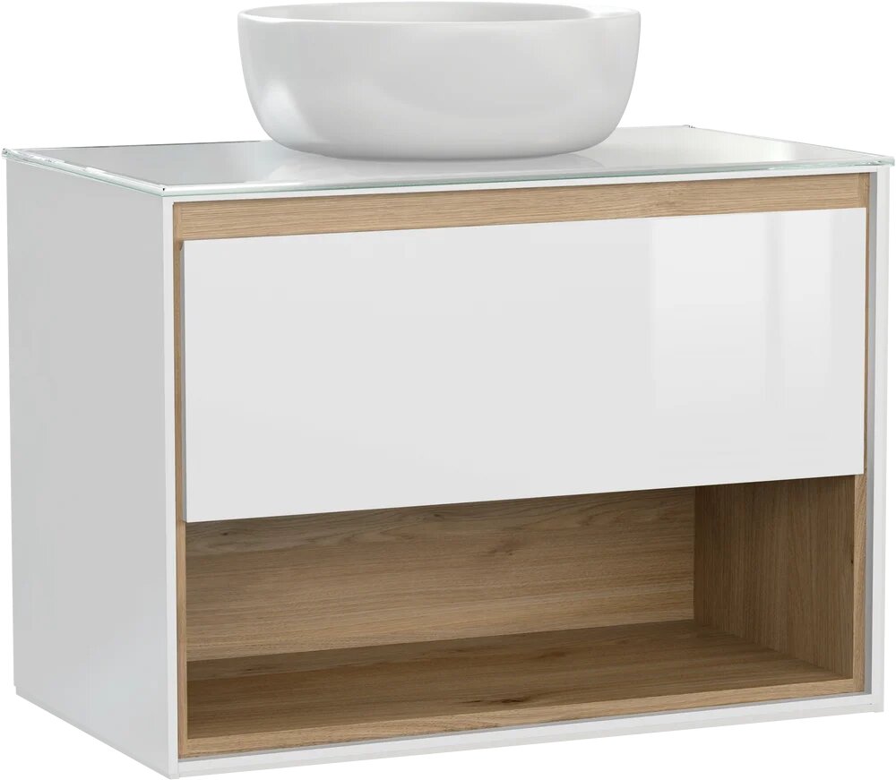 Тумба с раковиной Cersanit Лауна (Louna) 80 подвесная, 80 см, со столешницей, белая, светлое дерево, глянцевая, с отверстием под смеситель, из МДФ, с ящиками, раковина для ванной, фарфоровая, круглая