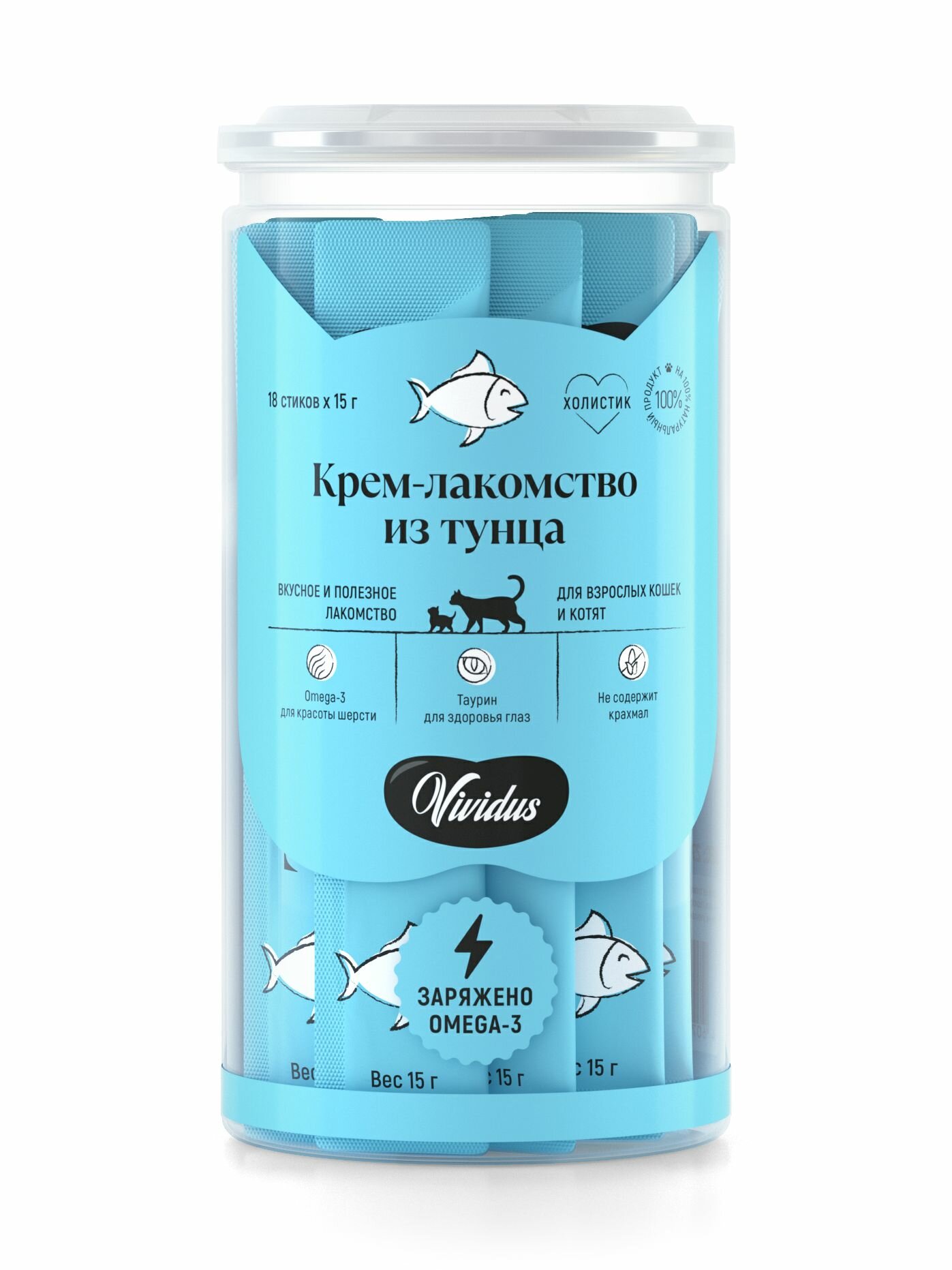 Vividus крем-лакомство д/кошек и котят с тунцом, стики - 18шт по 15г (270г)