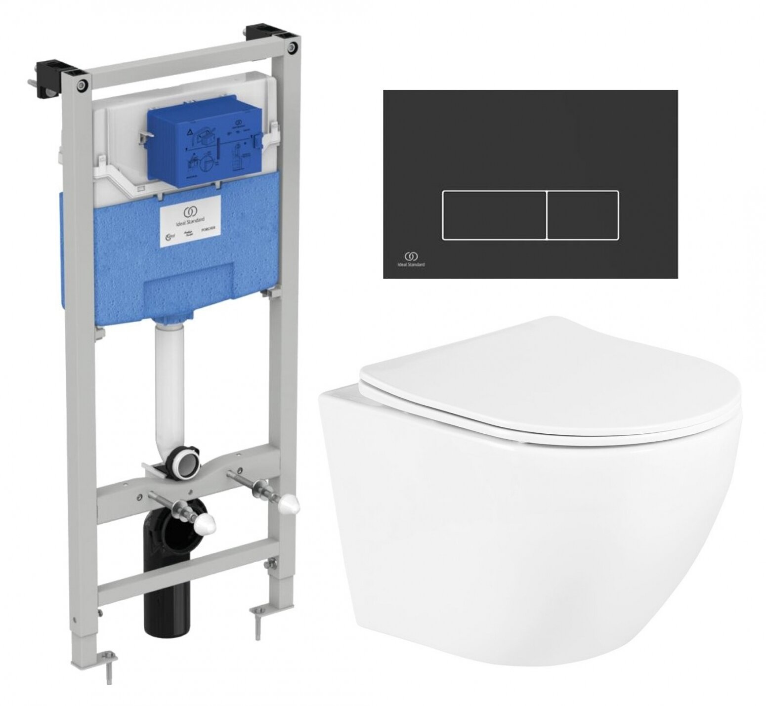 Комплект 3 в 1 инсталляция Ideal Standard + Унитаз подвесной BelBagno Uno BB3105CHR/SC + кнопка черная