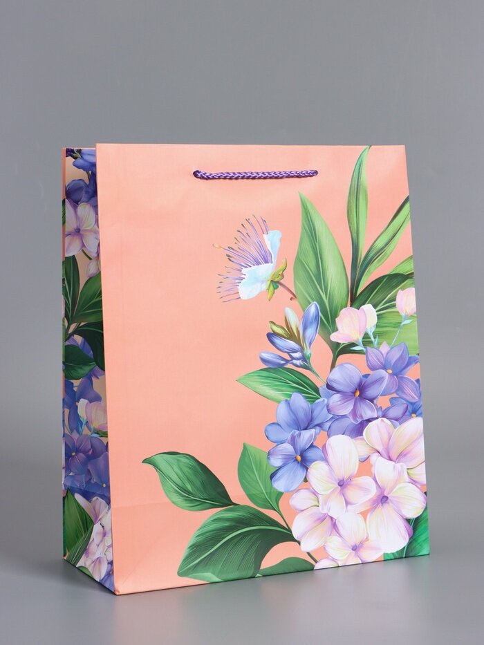 Пакет подарочный ламинированный «Цветы эмоций», персиковый, 26×12×32 см