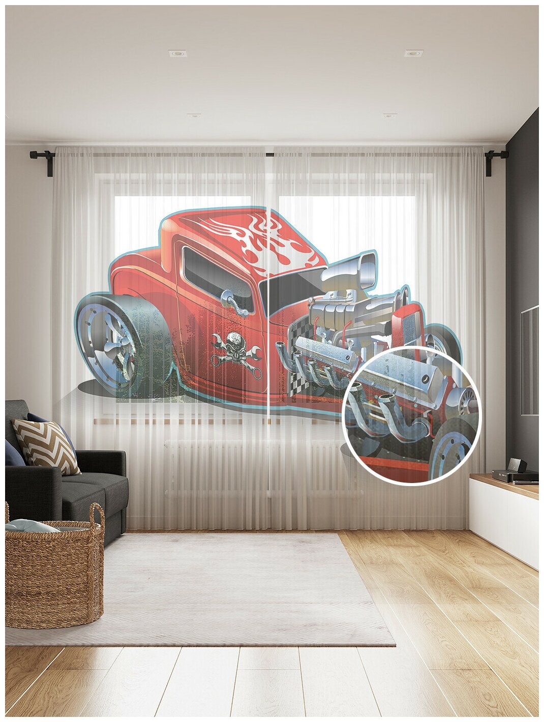 Тюль для кухни и спальни JoyArty "Гоночная машинка", 2 полотна со шторной лентой шириной по 145 см, высота 265 см.