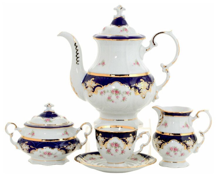 Кофейный сервиз на 6 персон Leander Соната "Цветочный вальс, кобальт" 15 предметов