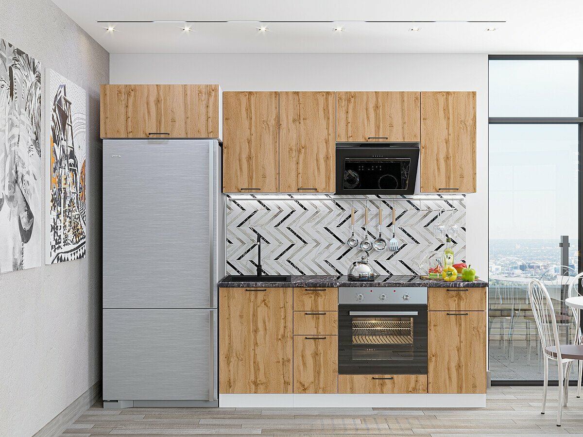 Кухня Флэт-01, цвет фасада Wotan Oak 2S, цвет каркаса Белый, 2140*2600*600 мм