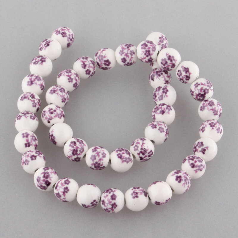 Бусина фарфоровая, 8мм, круглая, белая с фиолетовыми цветами, 13 шт, низка