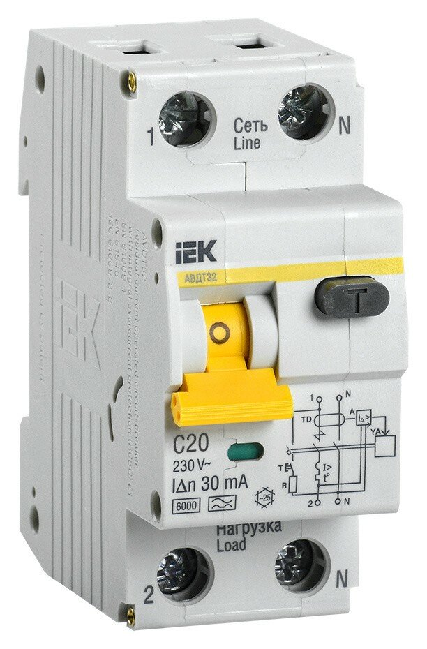 Выключатель автом. дифф. тока IEK MAD22-5-020-C-30 АВДТ 32 20A тип C 6kA 30мА A 1П+Н 230В 2мод белый (упак:1шт)