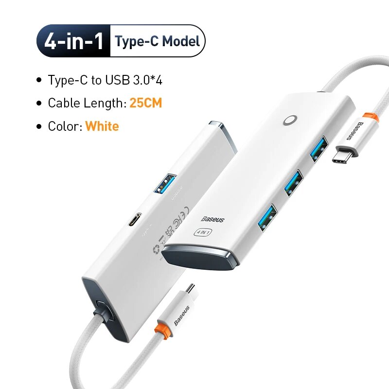 BASEUS USB-концентратор 4 порта Голубой, Type C 25cm White