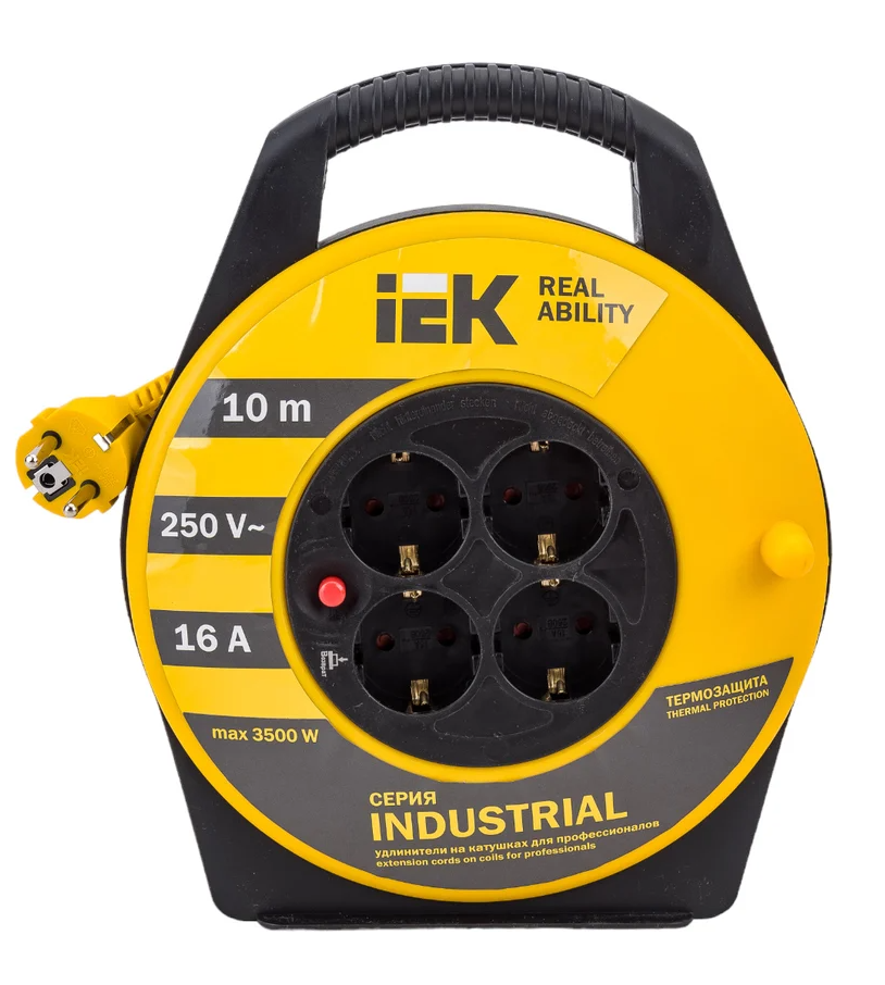 Удлинитель на катушке IEK УК10 4 гнезда 2Р+РЕ/10 метров 3х1,5 мм2 Industrial