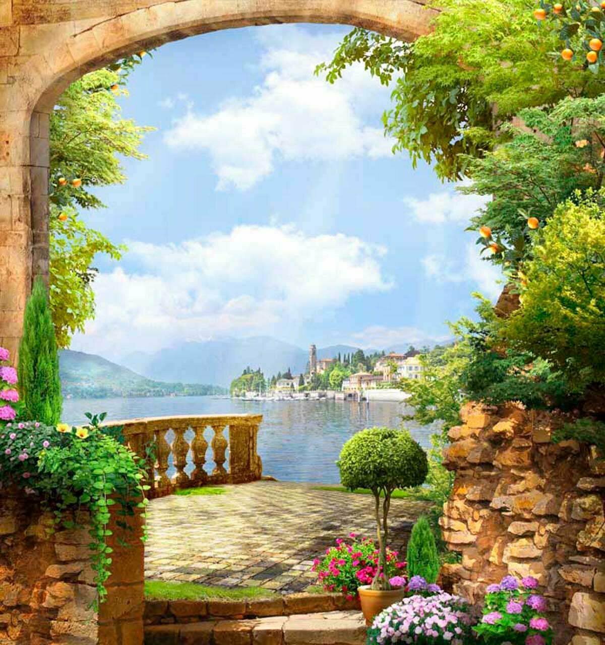 Фотообои Арка с выходом на набережную 11-057-M-Холст 270 x 300 см (ВхШ) Бесшовные, флизелиновые, влагостойкие обои MasterFresok