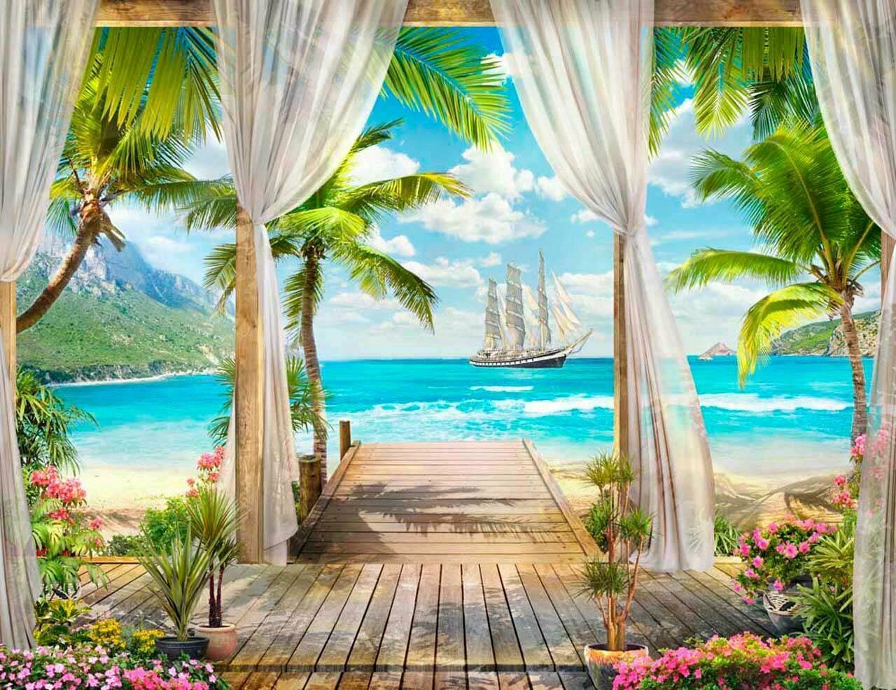 Фотообои Вид на море с кораблем и шторками 11-113-S-Холст 270 x 200 см (ВхШ) Бесшовные, флизелиновые, влагостойкие обои MasterFresok