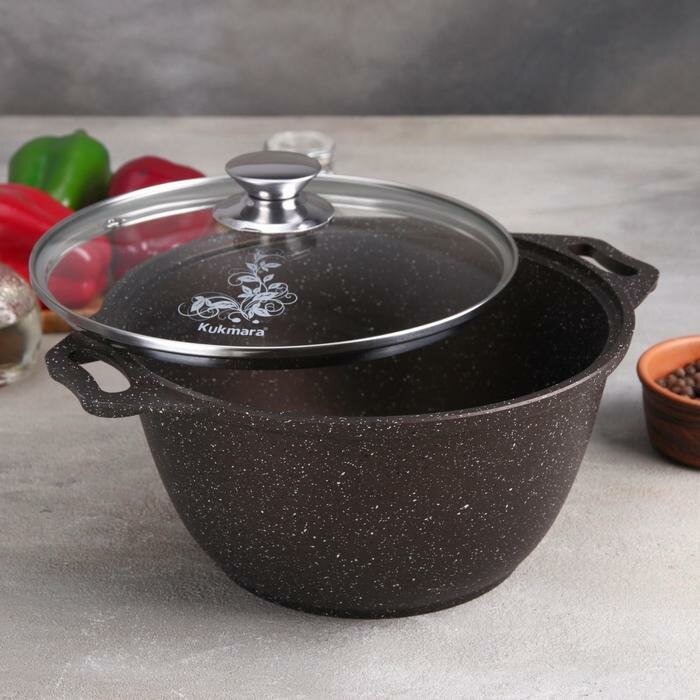 Кастрюля Kukmara 3 л, стеклянная крышка, антипригарное покрытие, кофейный мрамор