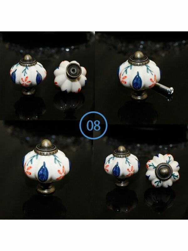 Ручки керамические с цветочным принтом винтаж: 6 штук, ручная роспись, ретро стиль для мебели