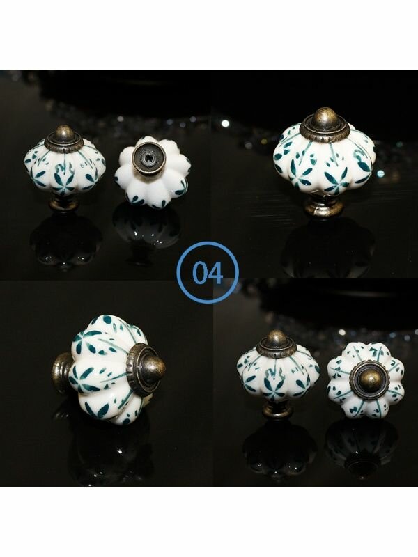 Ручки керамические с цветочным принтом винтаж: 6 штук, ручная роспись, ретро стиль для мебели